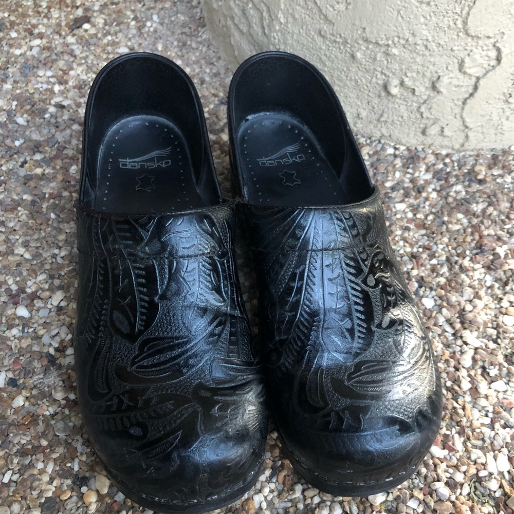 Dansko Black Tooled Leather Clogs - Gem